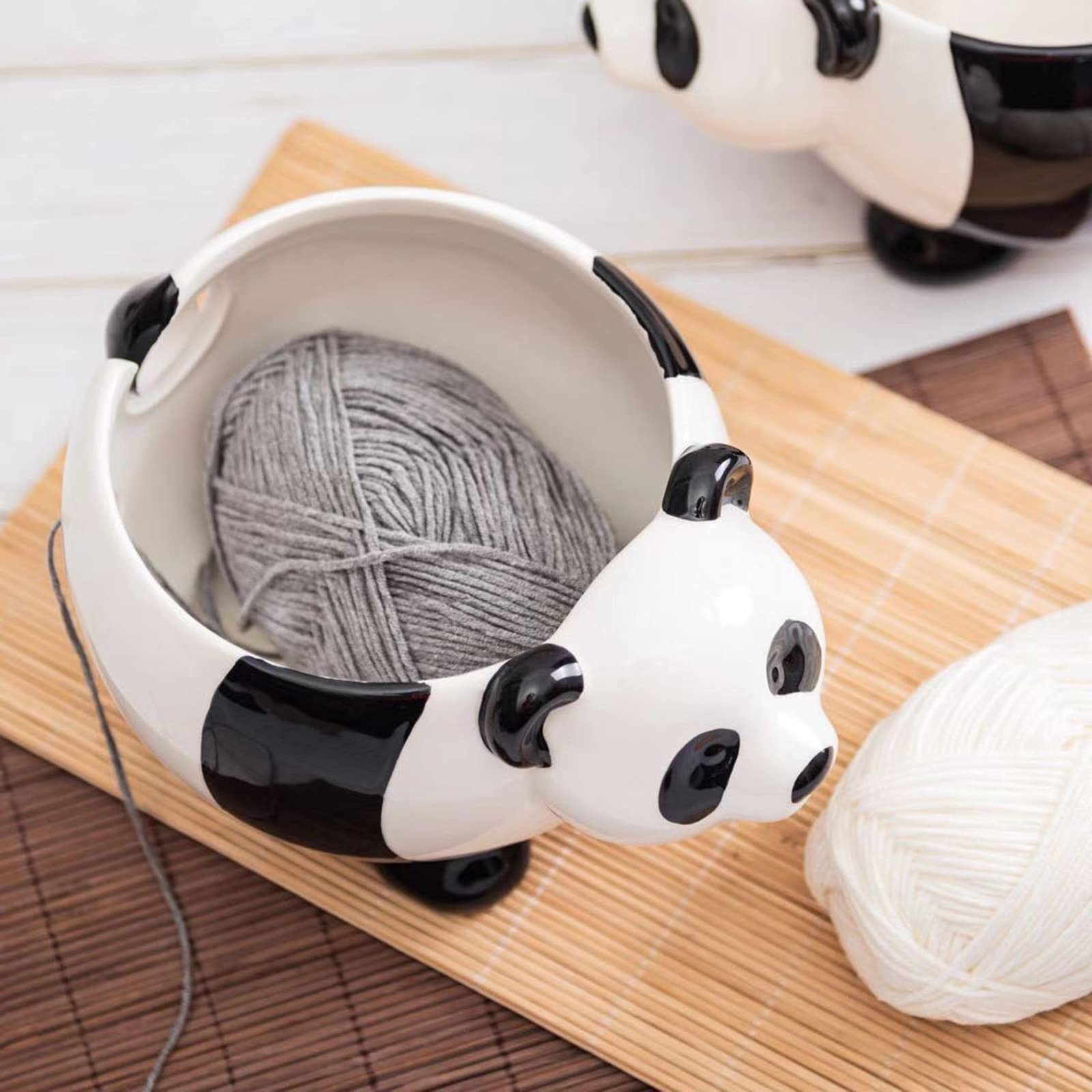 JOROBURO Panda Ceramic Yarn Bowl Knitting Bowl, Knitting Yarn Ball Holder Handmade Craft Knitting Bowl, Yarn Storage Bowl with Holes, Crocheting Accessories for Christmas Day Needlecrafts(#1)