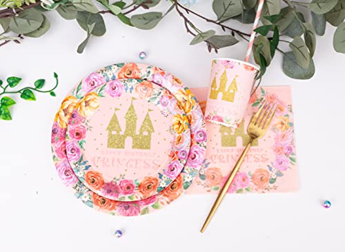 Princess Party Supplies-Princess Party Tableware Set Include Princess Castle Plates, Napkins, Cups Straws for Girls Princess Baby Shower Decorations Serves 10