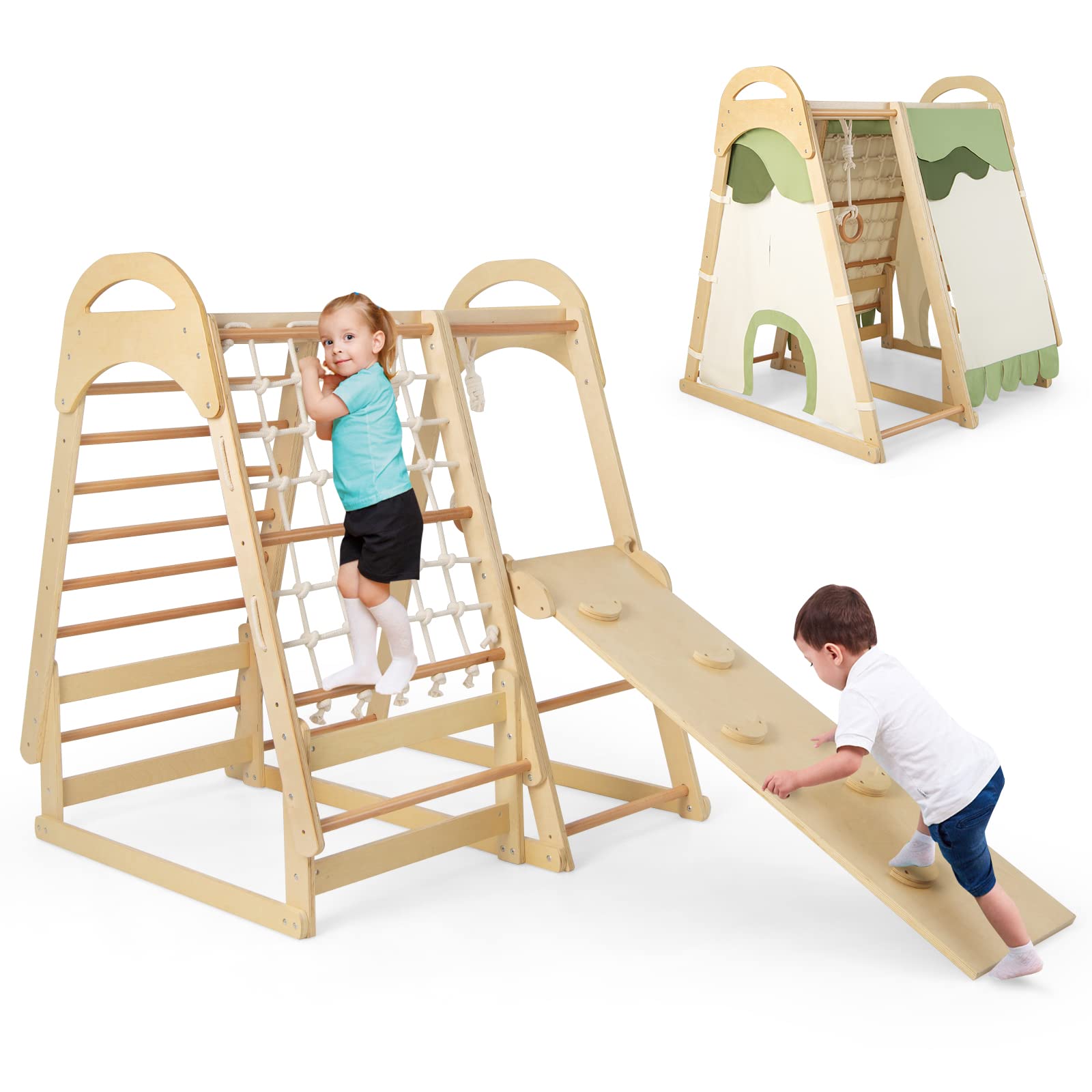 GLACER 6-in-1 Kids Indoor Playground, Wooden Climbing Toys Playset w/Slide, Money Bars, Gymnastics Rings, Climbing Net, Climbing Ladder & Tent, Indoor Jungle Gym for Toddlers Over 1 Year Old