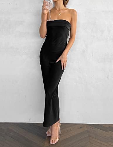 ZESICA Women's Sexy Satin Tube Top Cutout Slim Fit Silky Long Evening Prom Formal Long Dress,Black,Small