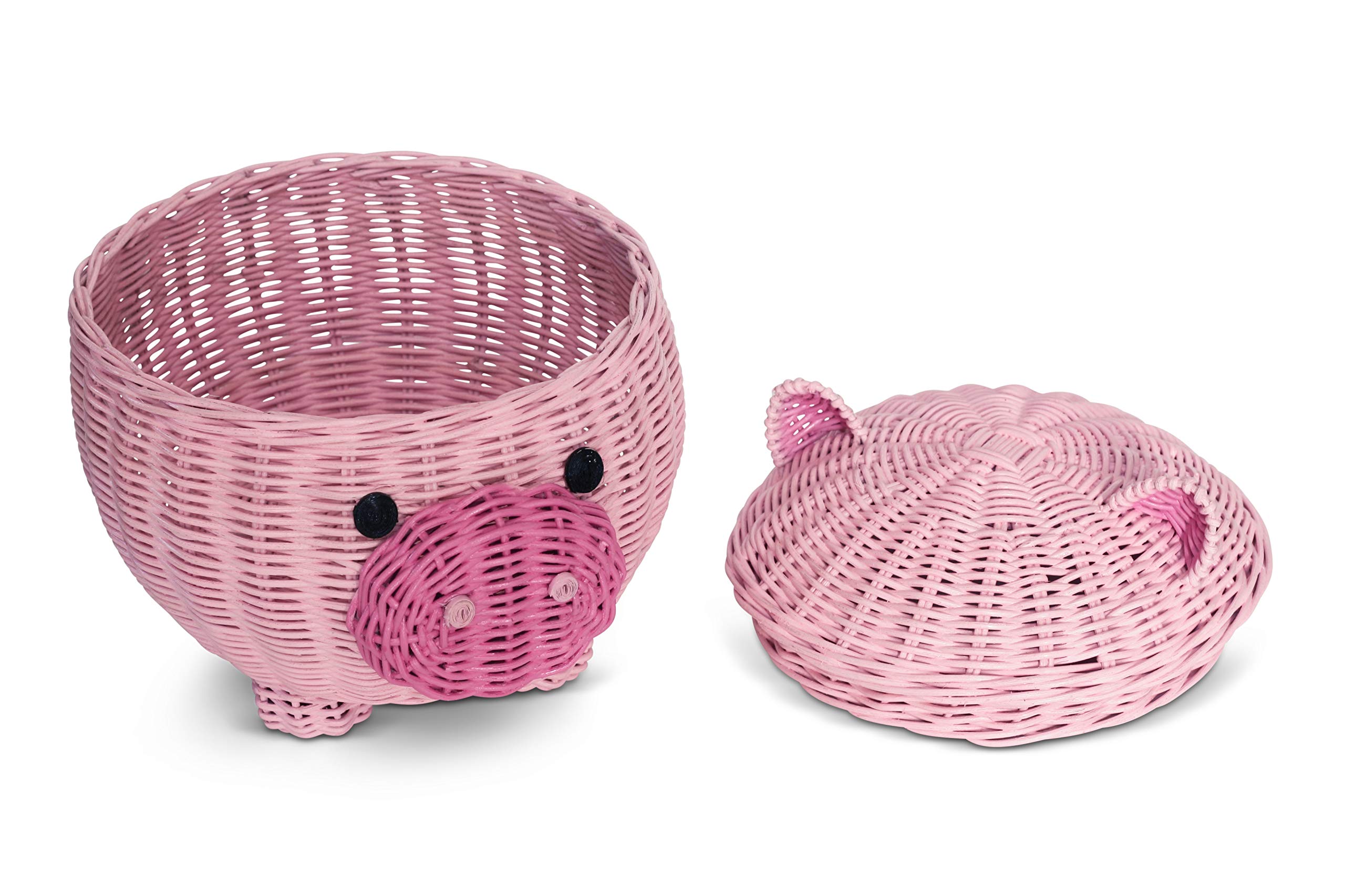 G6 COLLECTION Pig Rattan Storage Basket with Lid Decorative Bin Home Decor Hand Woven Shelf Organizer Cute Handmade Handcrafted Nursery Gift Animal Decoration Artwork Wicker Pink Piggy (Large)