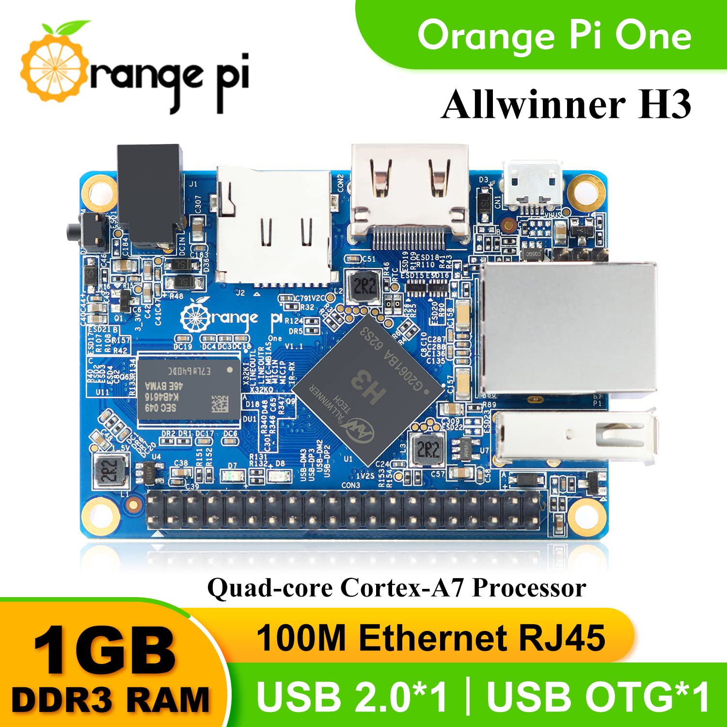 Orange Pi One 1GB DDR3 AllWinner H3 Quad-core Cortex-A7 Single Board Computer, Compatible with Raspberry Pi GPIO Port, Development Board Run Orange Pi/Android/Ubuntu/Debian(Pi One 1GB)