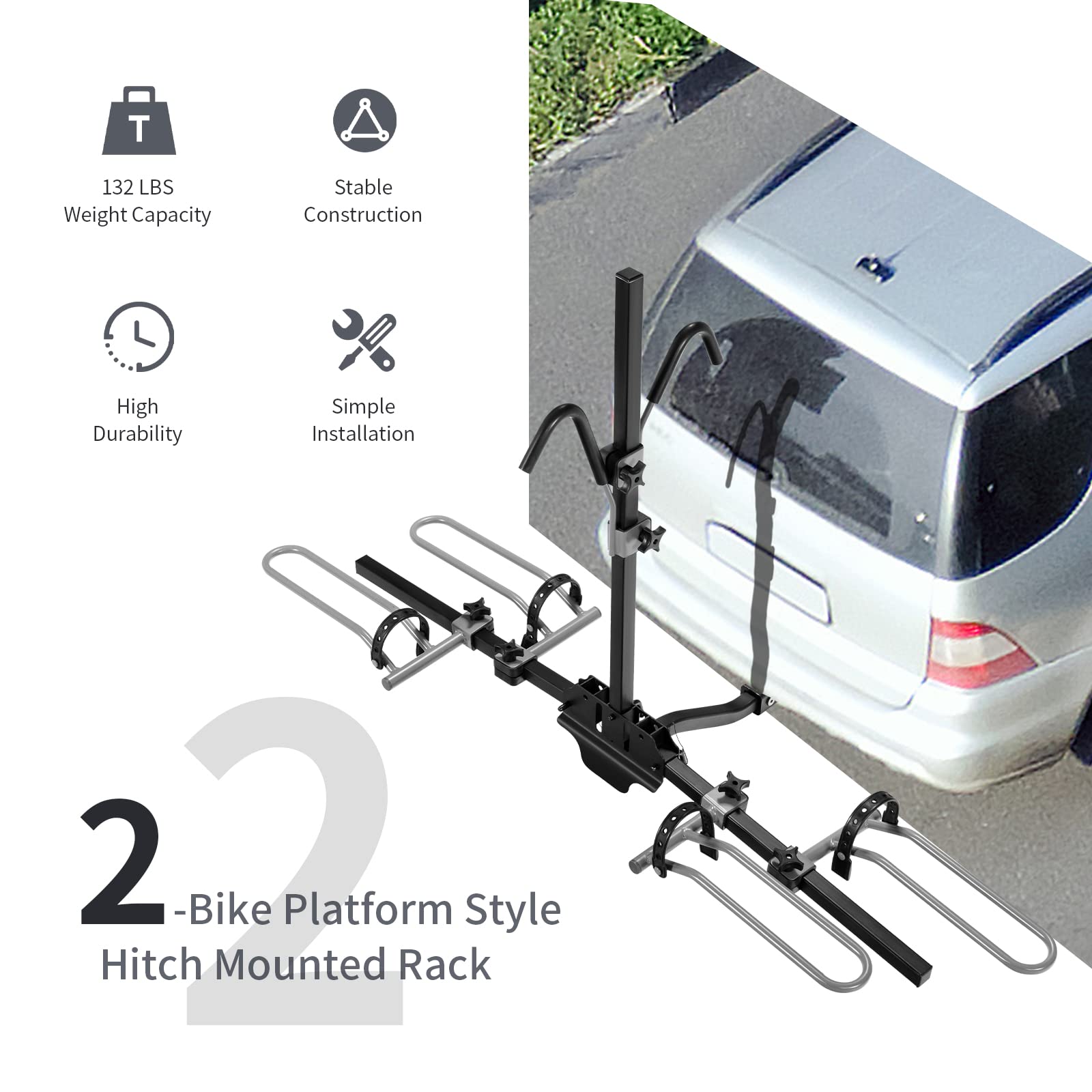 Goplus Hitch Mount Bike Rack, Folding 2-Bike Platform Style Carrier for MTB, Ebike, Road & Standard Bike, Fit 1 1/4β and 2β Hitch Receiver, 132lbs Capacity, Tray Style Bicycle Rack for Cars Trucks SUV