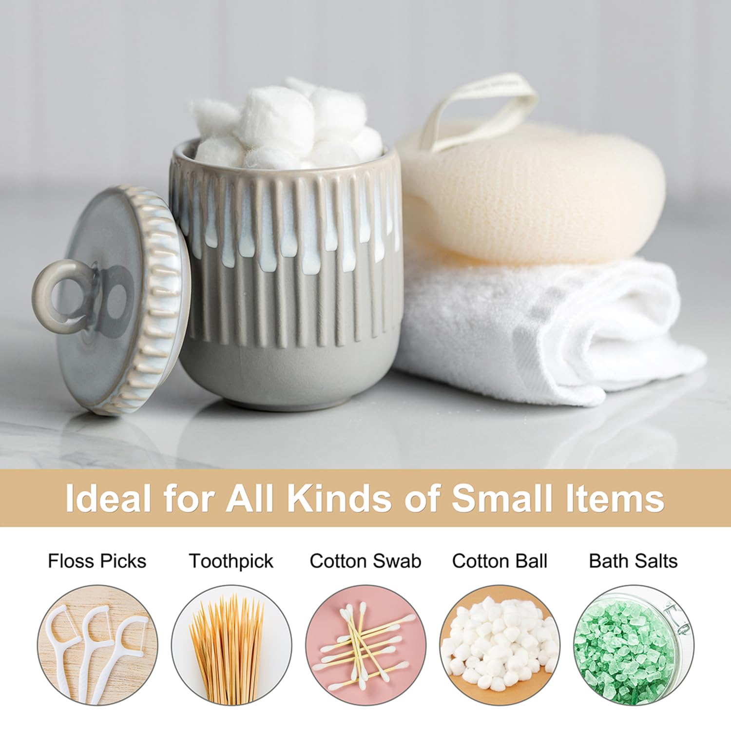 MISSYSSIM Qtip Holder Dispenser Bathroom Canisters Jar with Lid - 14 oz Ceramic Apothecary Canister for Cotton Ball Swabs Round Pads Floss Bath Salts Candy Vanity Makeup Organizer Storage