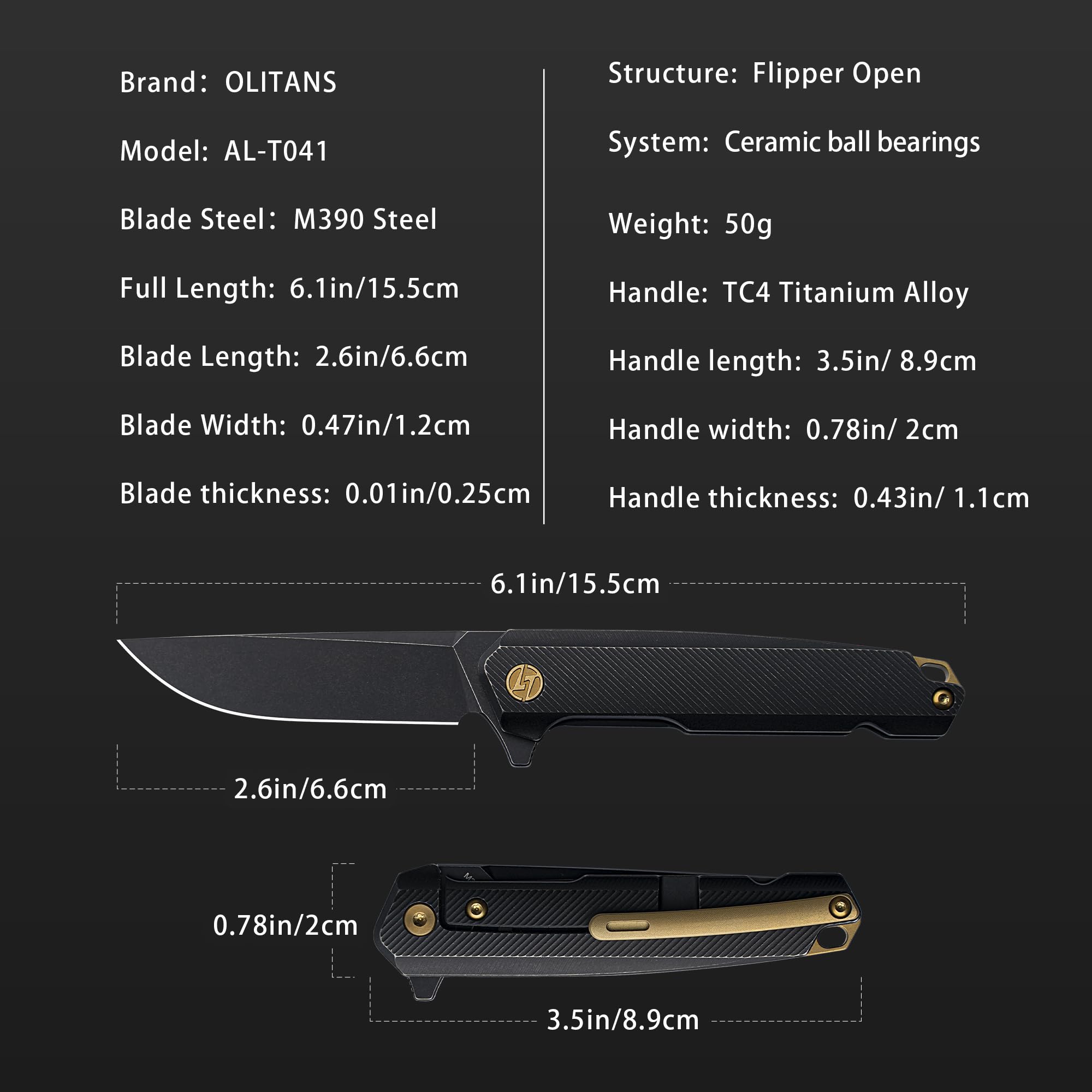OLITANS T041 Pocket Knife, 2.6'' M390 Steel Blade Titanium handle, Small EDC Knife with Pocket Clip for Men Women, 1.8 oz(Black)