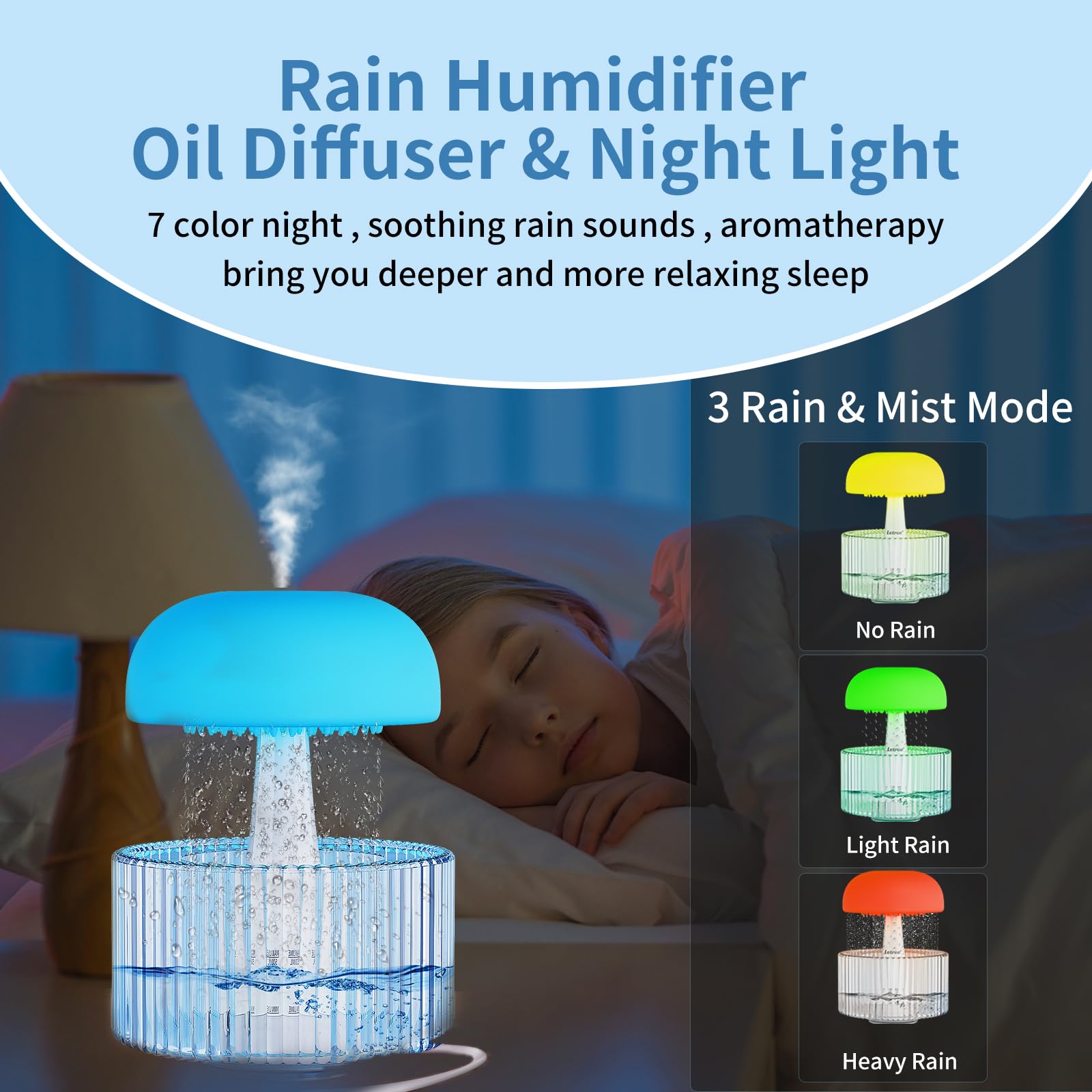 Rain Cloud Humidifier Water Drip 700ml, 2 in 1 Ultrasonic Cool Mist Air Humidifiers Essential Oil Diffuser with Remote Control White Noise Rain Sounds Mushroom Humidifier for Bedroom,Sleeping,Relaxing