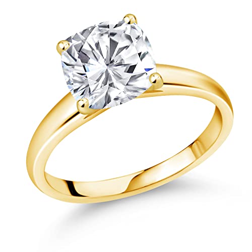 Gem Stone King 10K Yellow Gold Solitaire Ring Cushion Moissanite (2.40 Cttw) (Size 7)
