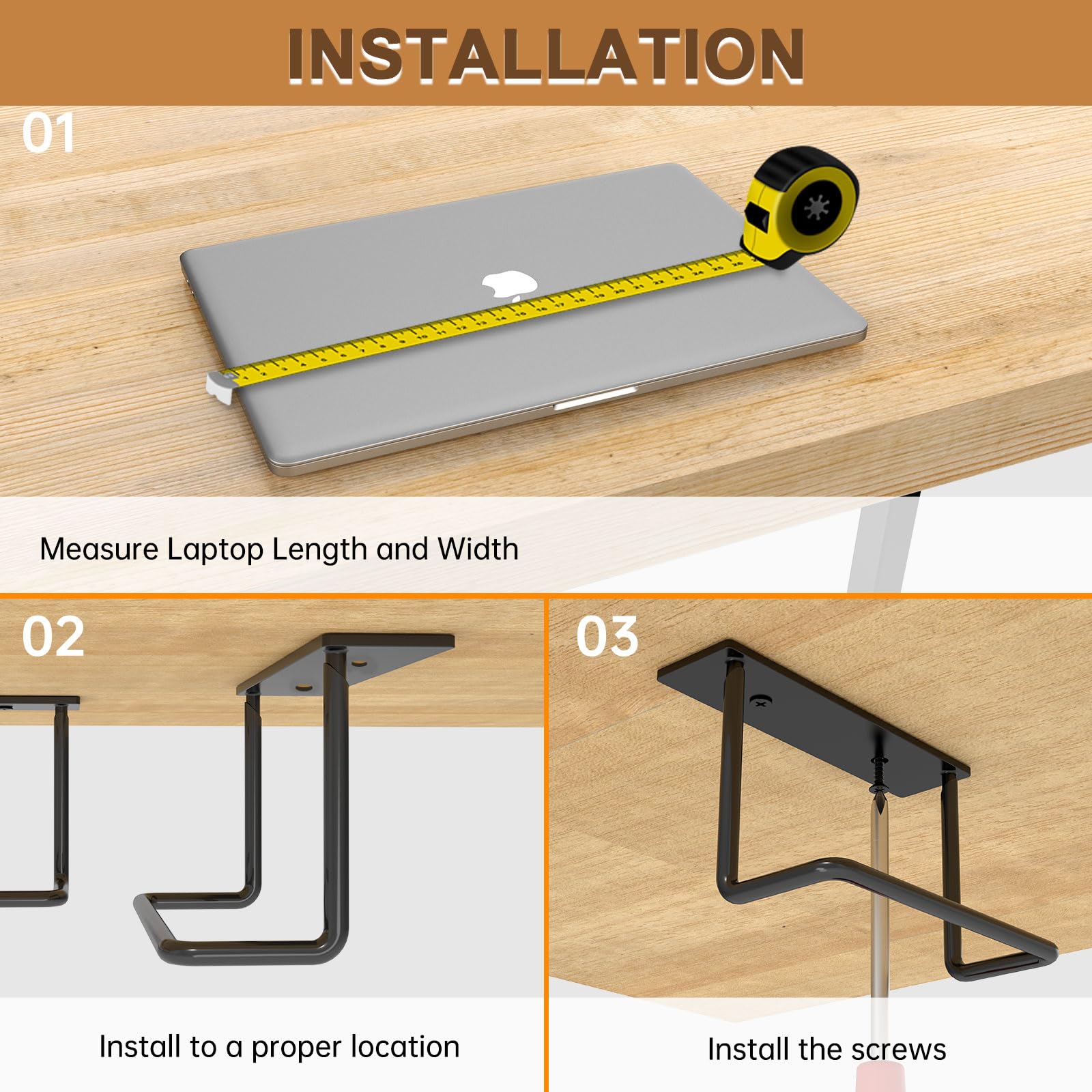 FOROIRON Under Desk Laptop Mount, Under Desk Shelf Bracket Compatible with Devices Maximum 2.7β Tall, Aluminum Under Desk Laptop Holder Tray,Durable Under Desk Shelf for Laptop/Keyboard Storage
