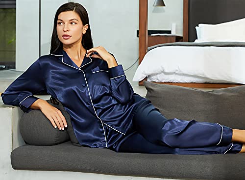 Womens Silk Satin Pajamas Set Sleepwear Loungewear Navyblue L