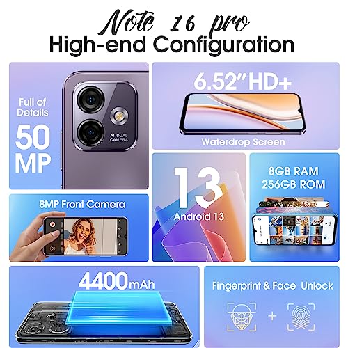 Ulefone Note 16 Pro Mobile Phones (16GB+256GB) Android 13 50MP Camera Octa Core Smartphone Unlocked 6.52” Waterdrop Screen, 4400mAh 4G Dual SIM Fingerprint Face ID GPS OTG, Globla Version- Black