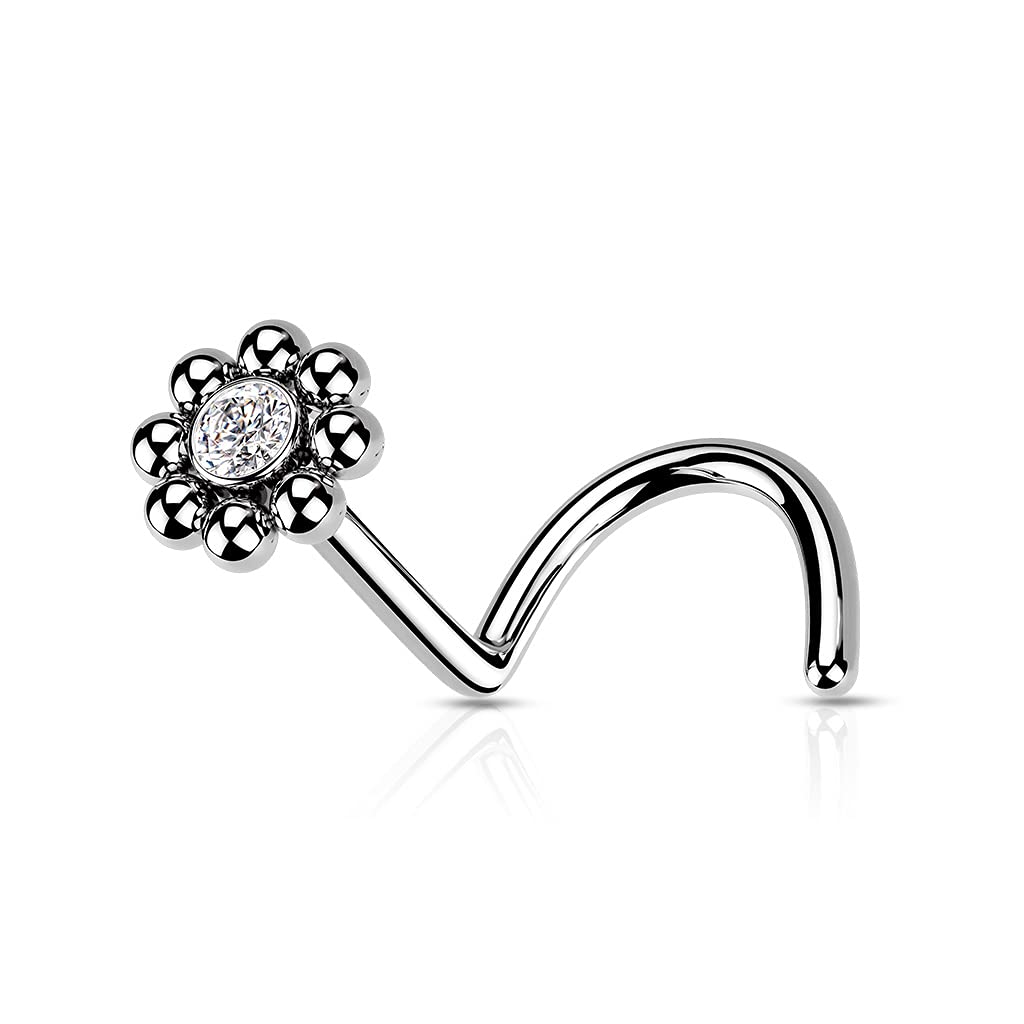 Dynamique Beaded Ball Edge with CZ Center Top 316L Surgical Steel Nose Screw Rings (Sold Per Piece)
