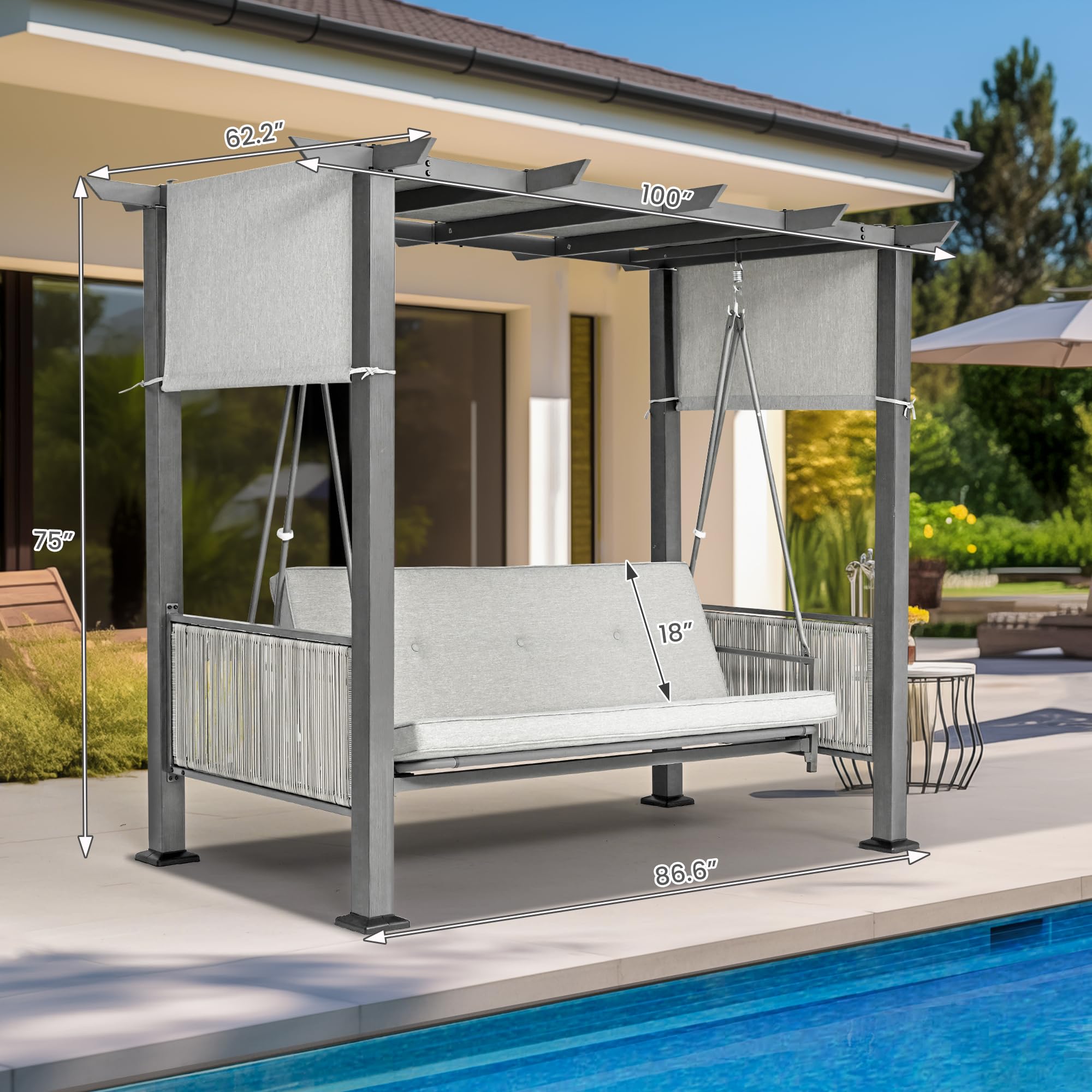 PAMAPIC 3-Seat Patio Swing Chair,Outdoor Patio Swing Bed with Adjustable Curtains,Porch Swing Bed for Balconies, Gardens and Poolside,Grey