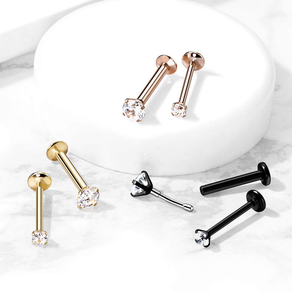 Dynamique CZ Prong Set Threadless Top PVD Over 316L Surgical Steel Push in Style Labret, Flat Back Stud (Sold Per Piece)