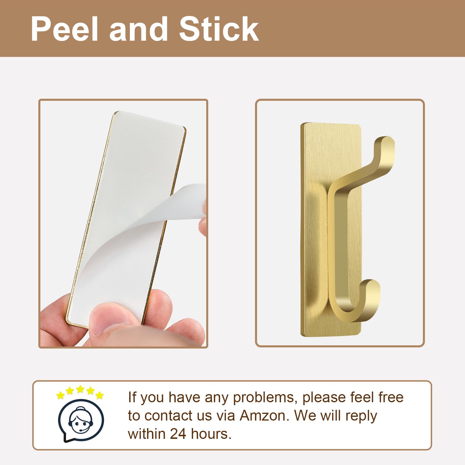 Josmimic Adhesive Towel Hooks: Heavy Duty 12LB Wall Hooks, for Coat/Robe Stick on Bathroom, Gold, 4-Pack, Stainless