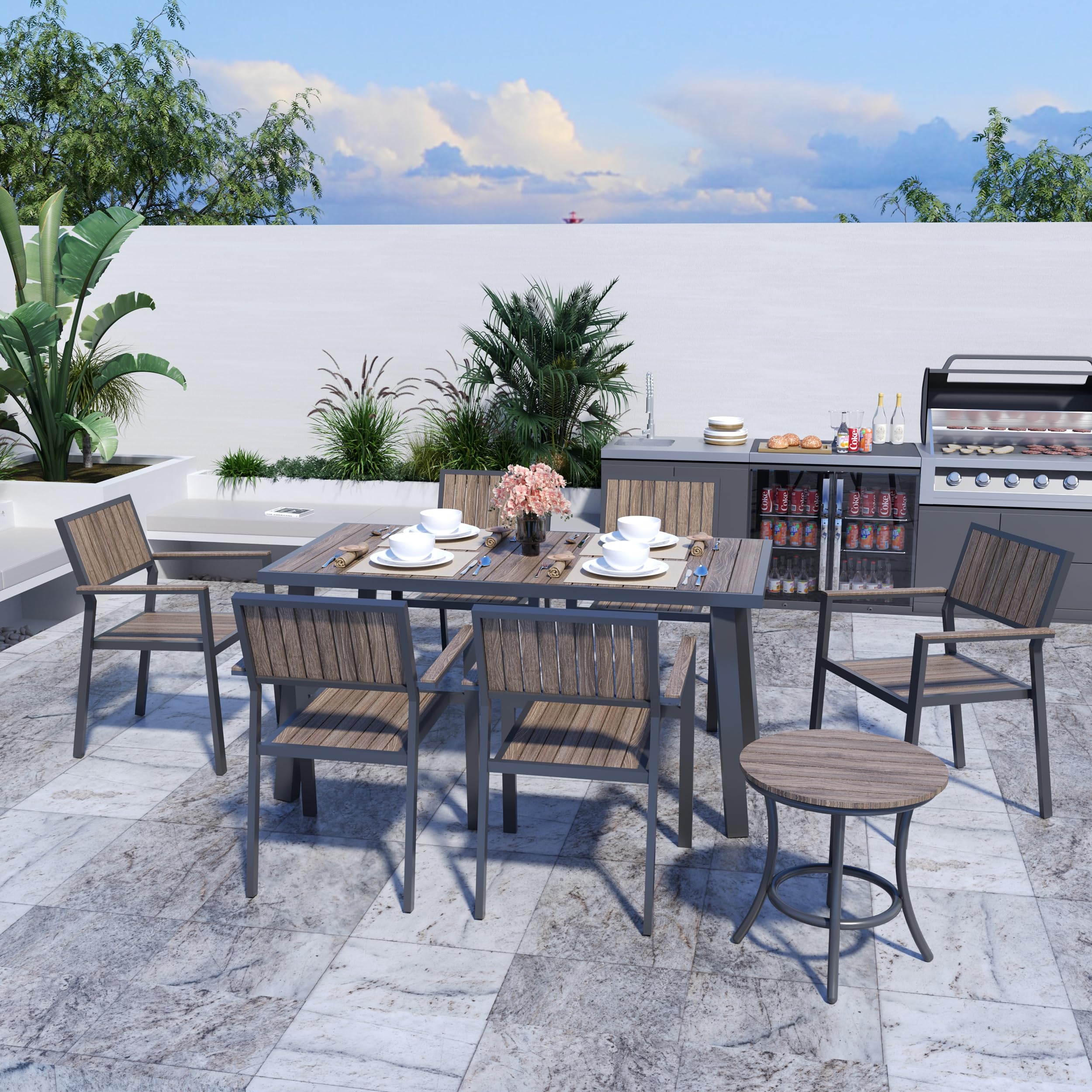 Pamapic 8-Piece Patio Dining Set,Outdoor Aluminum Furniture Set with Plastic-Wood Table Top,Outdoor Furniture Set with 6 Outdoor Stackable Chairs for Patio Garden Poolside (Black)