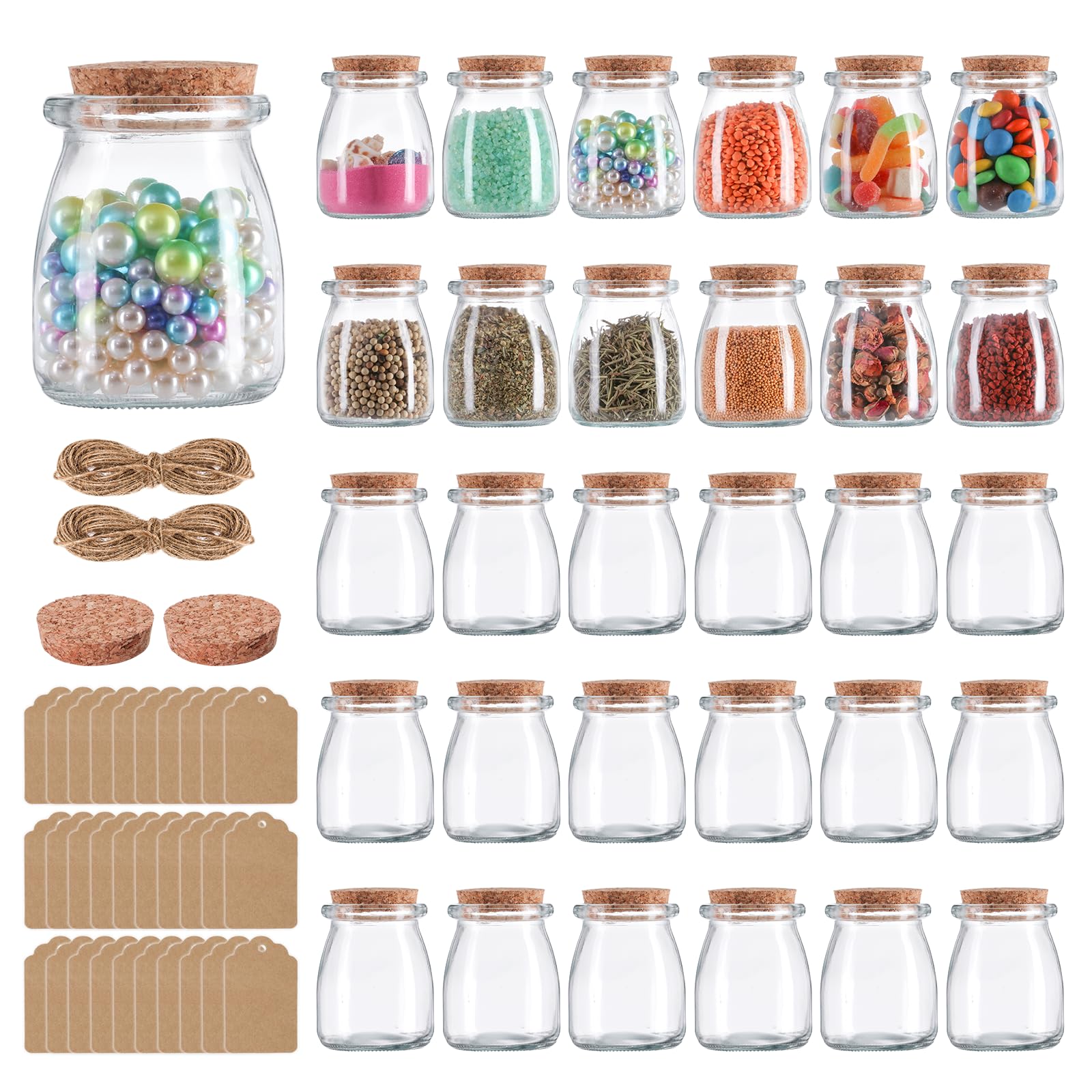 Miukada Small Glass Jars with Cork Lids 7 oz, Yogurt Jars 30 Pack, Pudding Jars, Mini Containers with Cork Lids, Little Decorative Jars, Terrarium Canisters for Herb, Candy, Party Favor