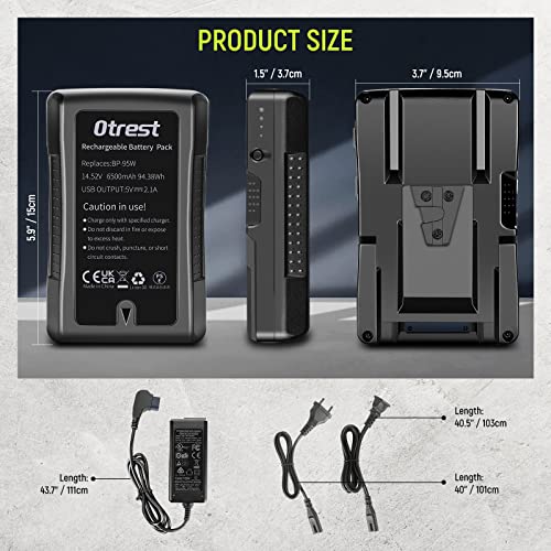 OTREST 6600mAh V Mount Battery, BP-95W 14.8V 95Wh Rechargeable Li ion Battery with D Tap Output Charger and Cable for Video Broadcast LED Light Compatible with Sony BMPCC Camera Camcorder