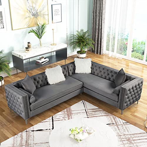 Morden Fort Tufted Velvet Couch Sectional Sofa Couches Mid Century Modern L-Shape Corner Sofa Set for Living Room, Bedroom, Office, Apartment