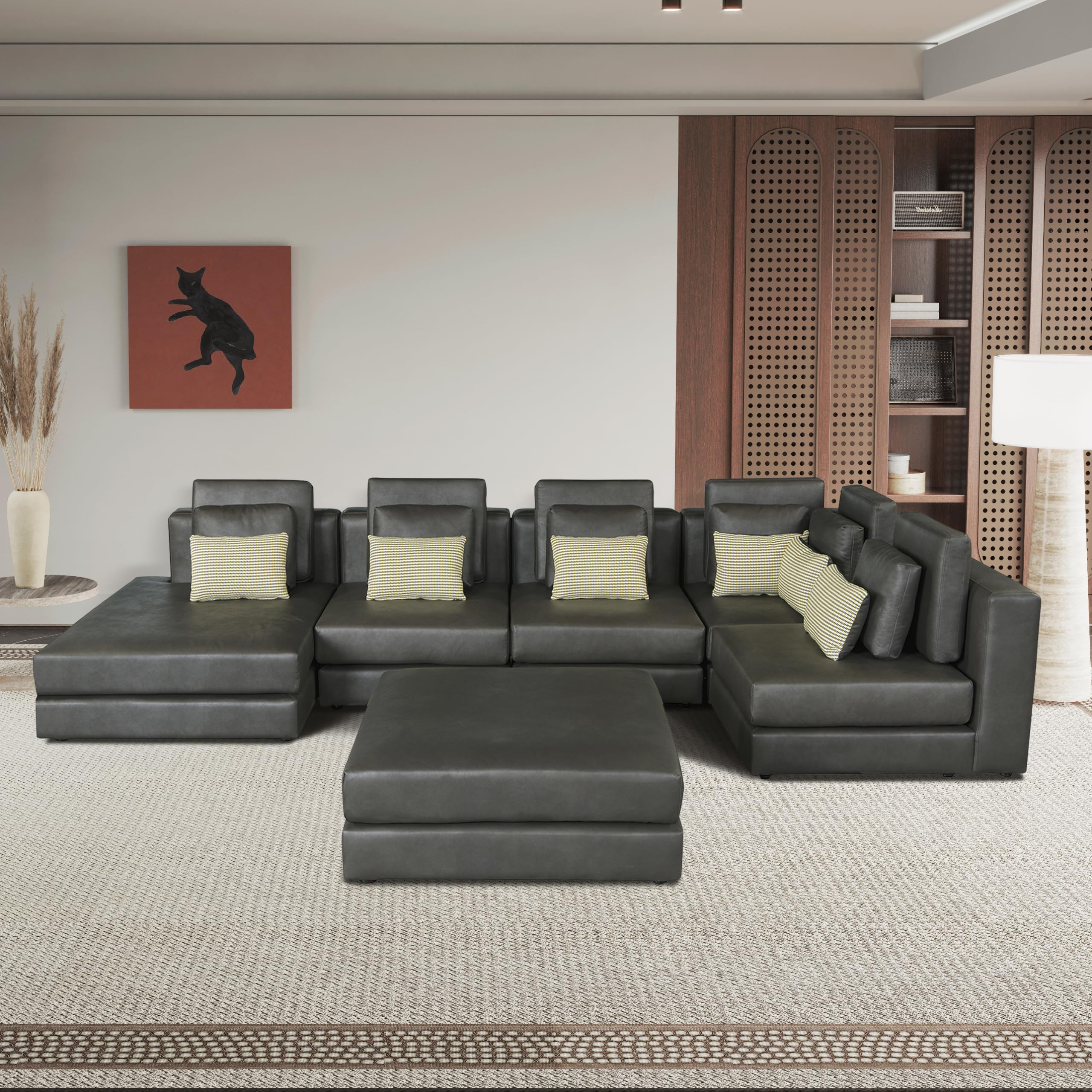 Olodumare Oversized Modular Technical Leather Sectional Sofa Couch,U Shaped Convertible Corner Couch with Reversible Chaise Lounge and Movable Ottoman, Living Room Furniture Sets,Grey