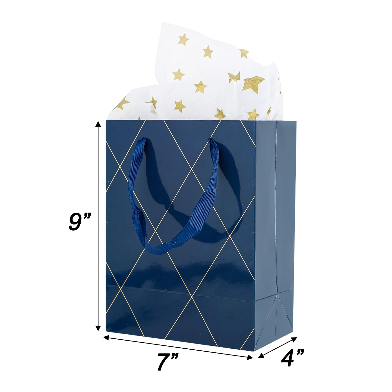 Moretoes 4 Pack Gift Bags Medium Size with Tissue Paper, Blue Gift Bags Assorted Premium for Birthday, Graduations, Wedding, Thanksgiving, Holiday, Father's Day (7" X 4" X 9")