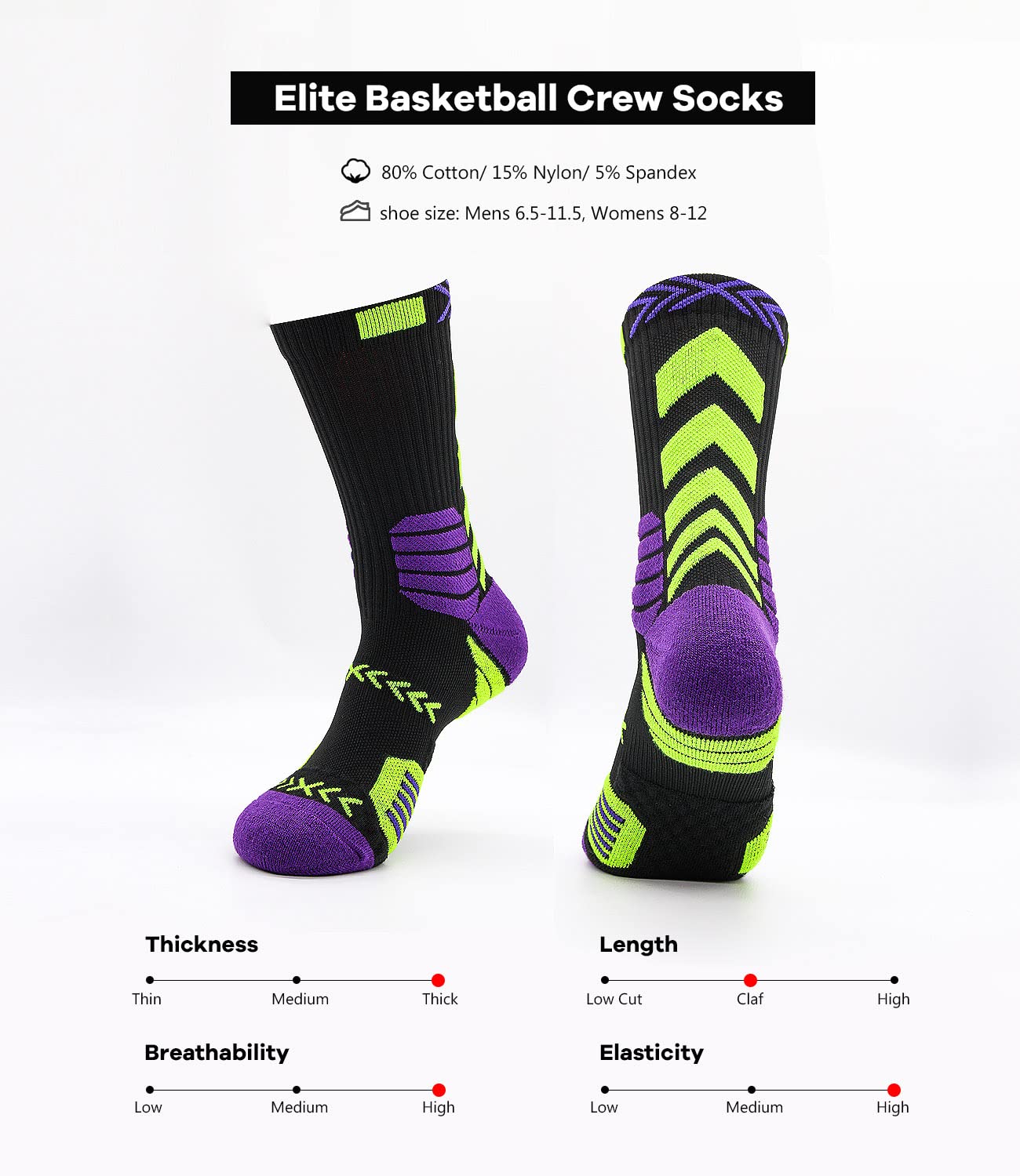 GOQCN Mens Basketball Socks Elite Athletic Crew Socks for Womens Youth Boys Grey Black, 6-12