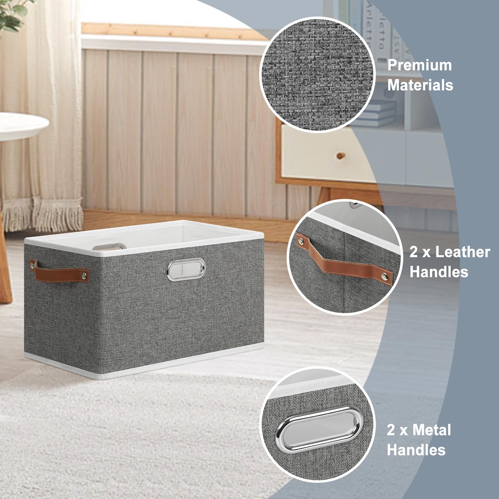 LOVSTORAGE Collapsible Storage Boxes, 4 Pack Fabric Foldable Storage Bins Organizer Containers with Dual Leather Handles,15.0 x 9.8 x 8.3 inch Storage Organizer Baskets for Shelves Home, Grey