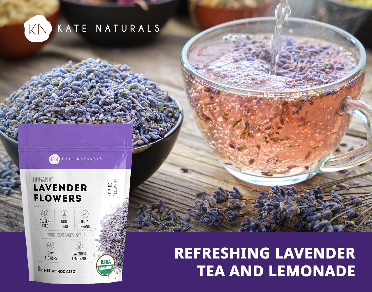 Dried Lavender Flowers for Tea and Soap Making (4oz) - Kate Naturals. USDA Organic Dried Flowers From Lavender Plant for Lavender Tea & Lemonade. Culinary Lavender and Edible Lavender Buds.