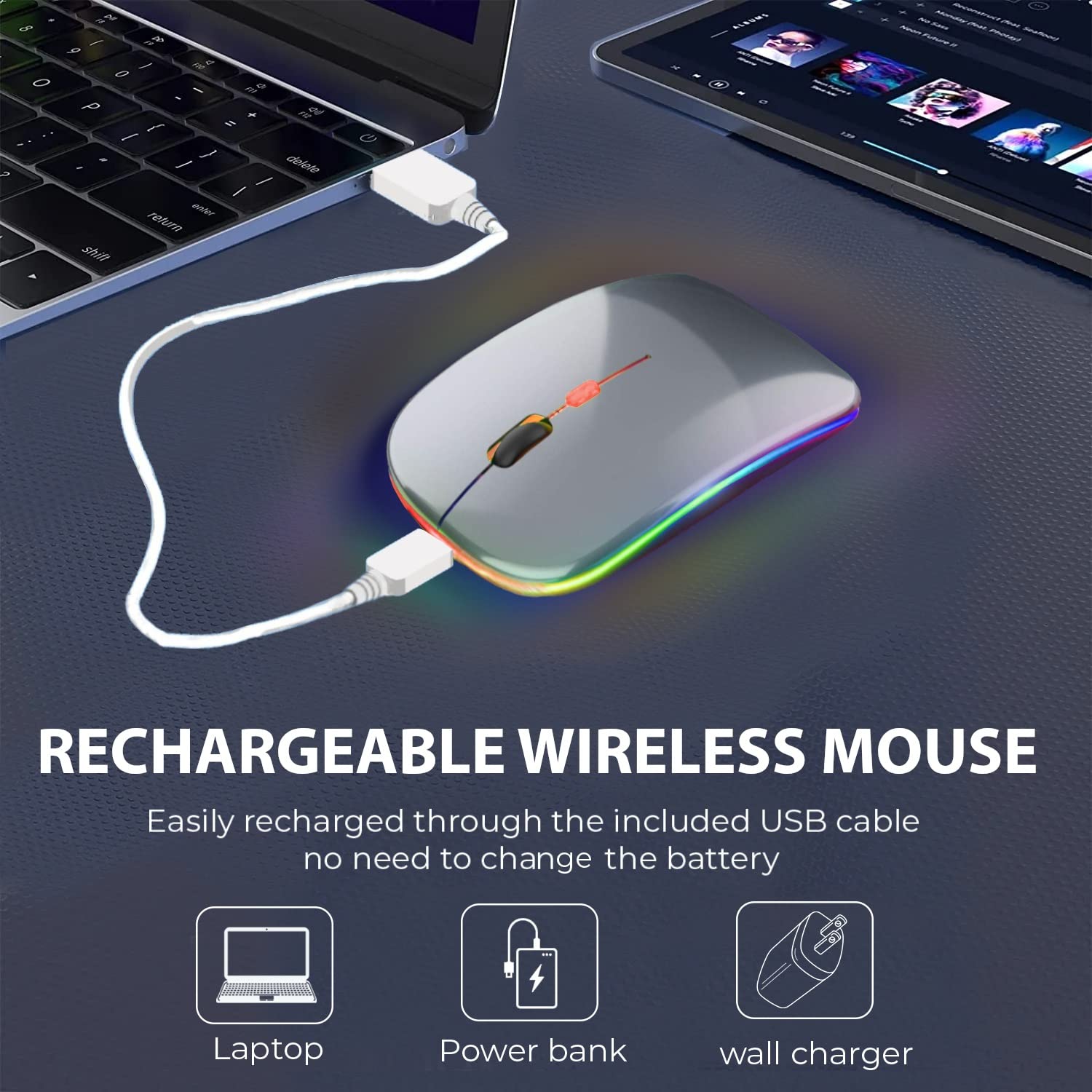 GLOBAL TECH Wireless Mouse, Rose Gold, 2.4GHz, USB Rechargeable, 3 Adjustable DPI Levels, LED Lights, Plug and Play