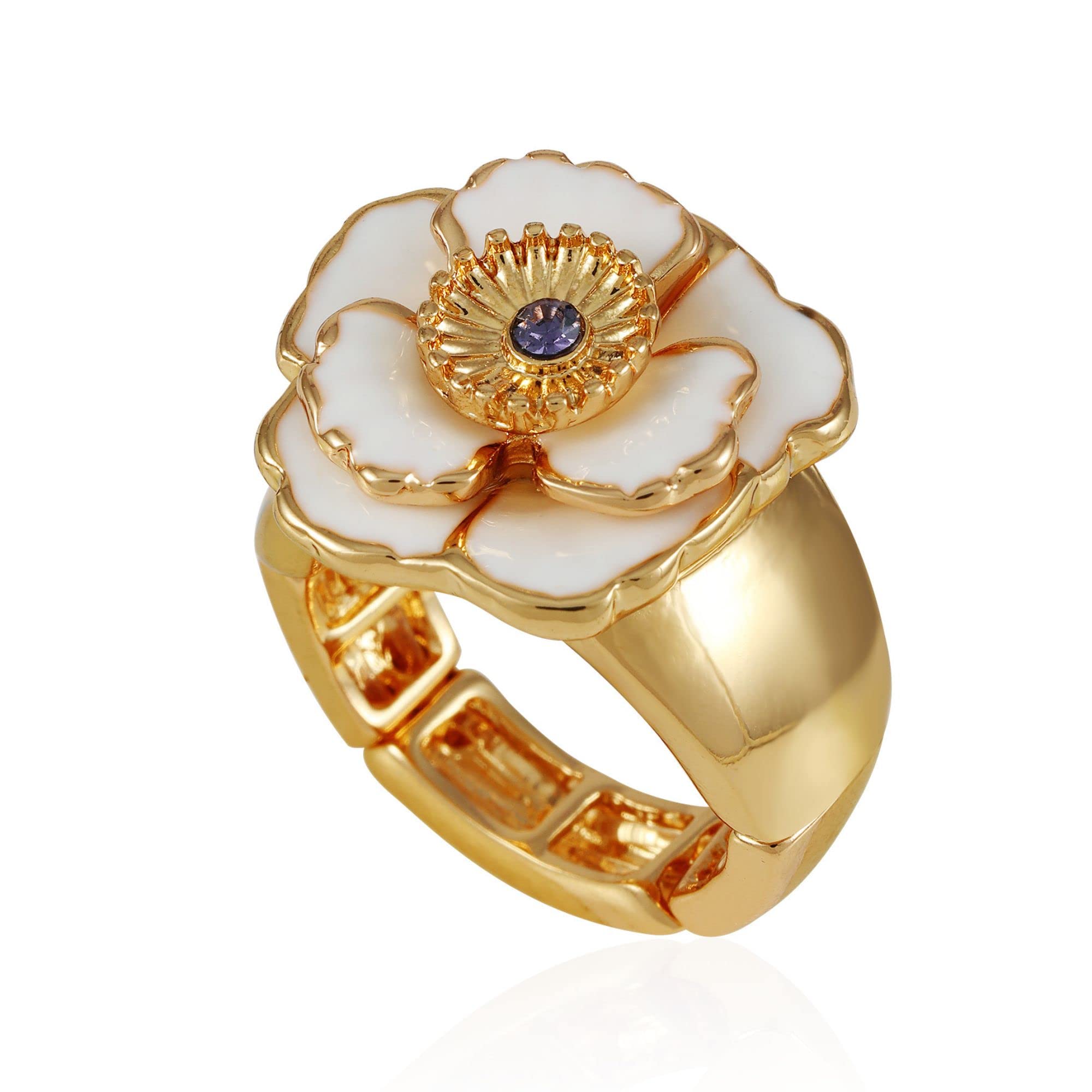 GUESS Goldtone White Floral Flower Cocktail Ring