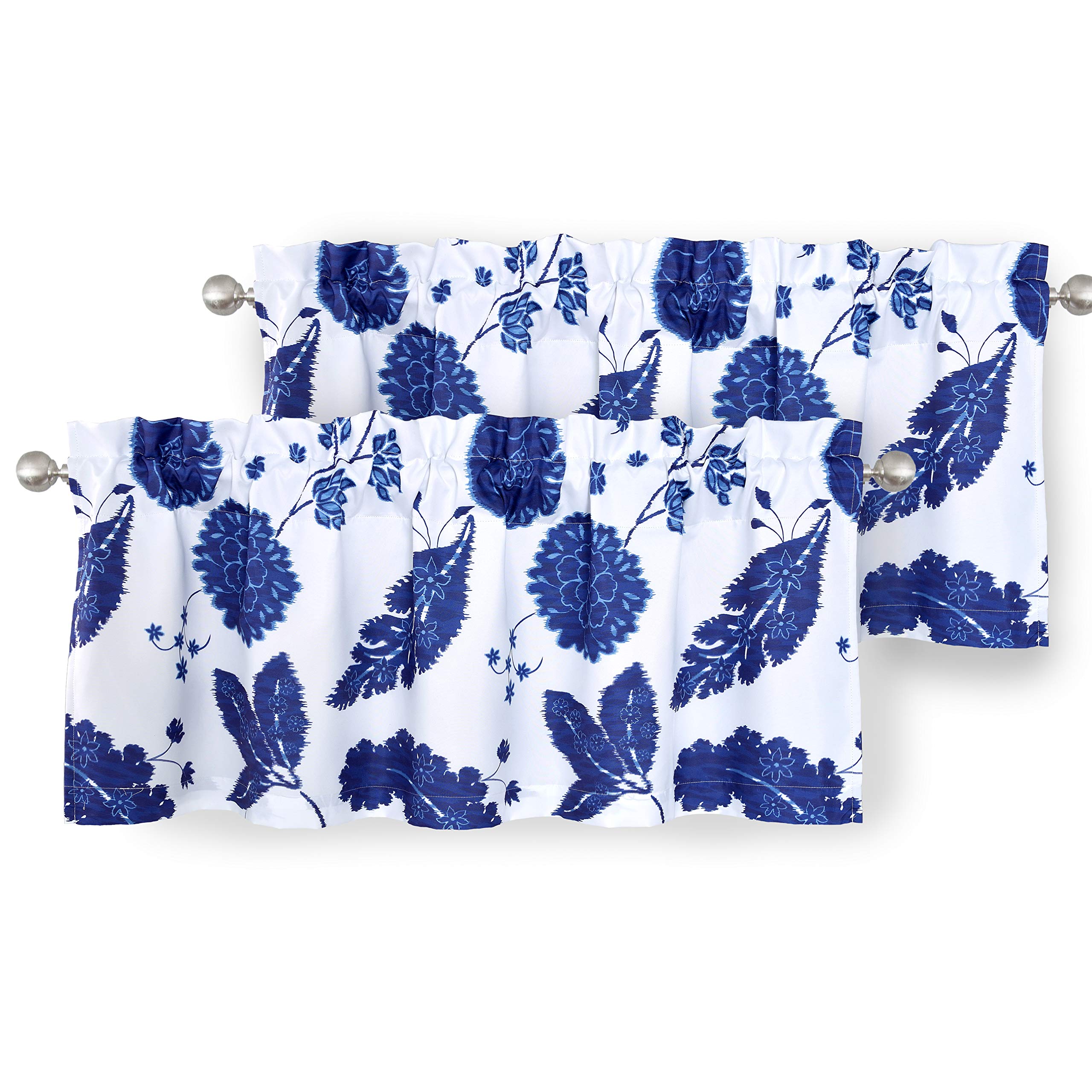 DriftAway Gianna Floral Leaf Botanical Lined Thermal Insulated Energy Saving Window Curtain Valance for Living Room Bedroom Kitchen Rod Pocket 2 Pack 52 Inch by 18 Inch Plus 2 Inch Header Navy