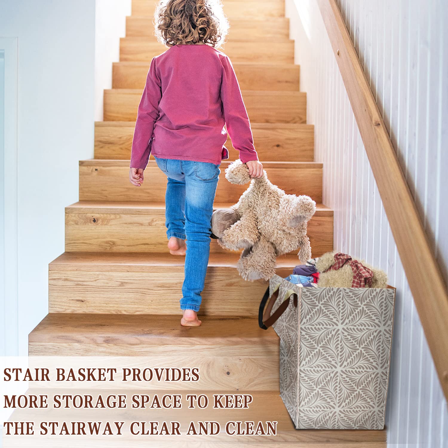 MIXNUS Stair Basket with Handles Felt Staircase Baskets for Carpeted and Wooden Stairsteps Stair Storage Organizer for Laundry Home and Office Decor, Beige