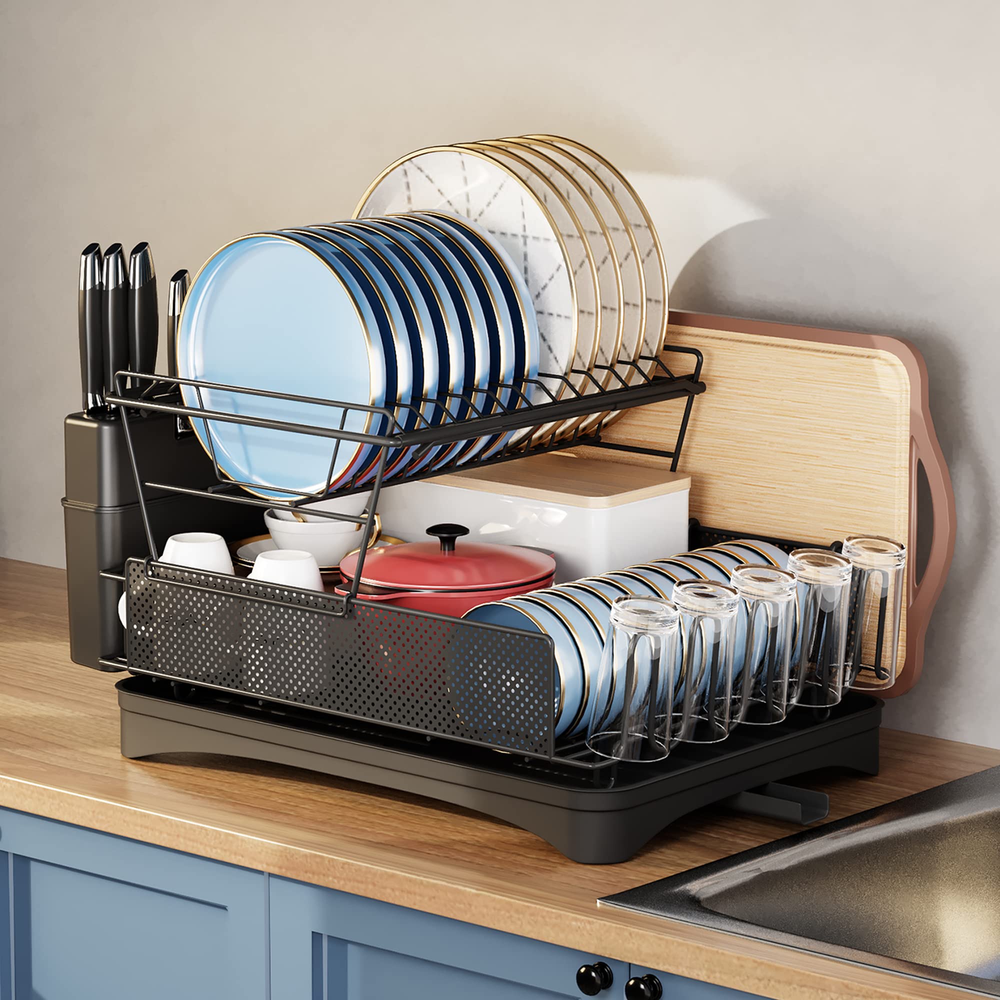 EXIN DECHEN Dish Drying Rack – 2 Tier Large Dish Rack with Auto Drainage, Stainless Steel Dish Drainer for Kitchen Counter with Glass Holder, Cutting Board Holder and Extra Drying Mat