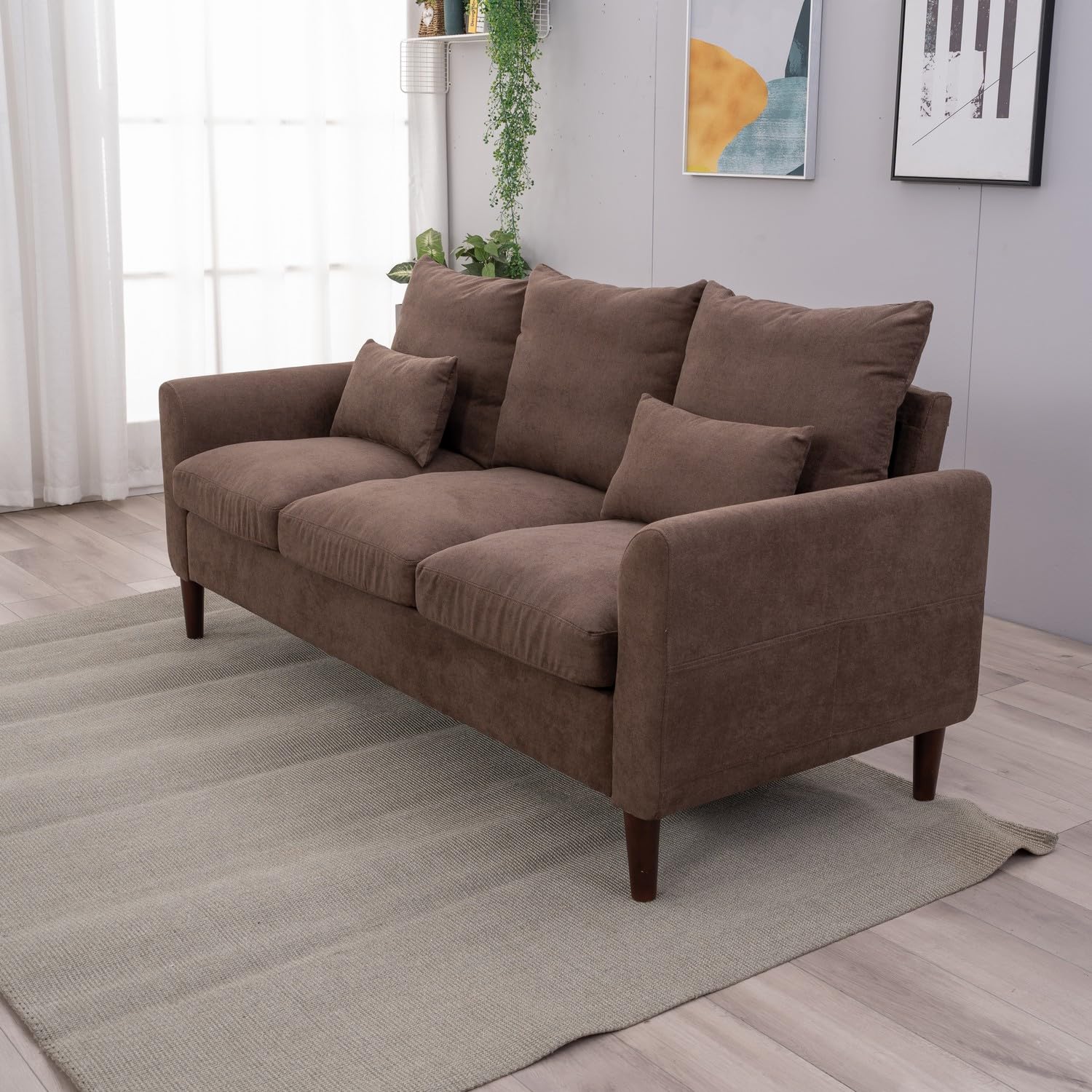 Panana Sectional Sofa 3 Seat Couch, Modern Sofa with Solid Wood Legs, Couches Sofas for Living Room Apartment Bedroom, Comfortable Small Couches for Small Spaces (Black Faux Leather-Track Arm)
