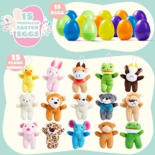 JOYIN 15 Pcs Prefilled easter eggs with Plush Animals for Kids, Filled with Mini Animal Keychain for Easter Basket Stuffers easter egg Hunt, Party Favors and Classroom Prize Supplies