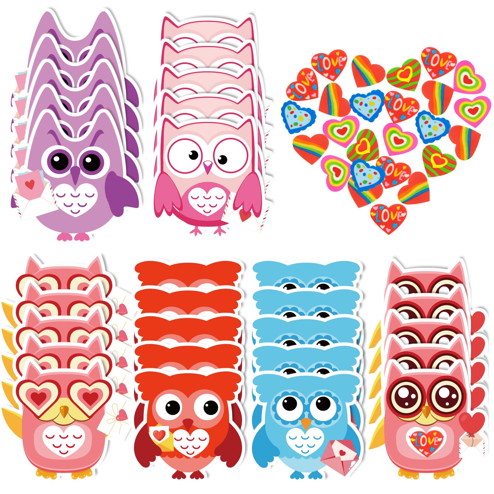 Gueevin 90 Pcs Valentine's Day Owl Craft Kits for Kids Include 30 Owl Valentine Day Card, 30 Heart Love Mini Erasers, 30 Dot Stickers DIY Craft for Teacher Student Classroom Activities Gift Exchange