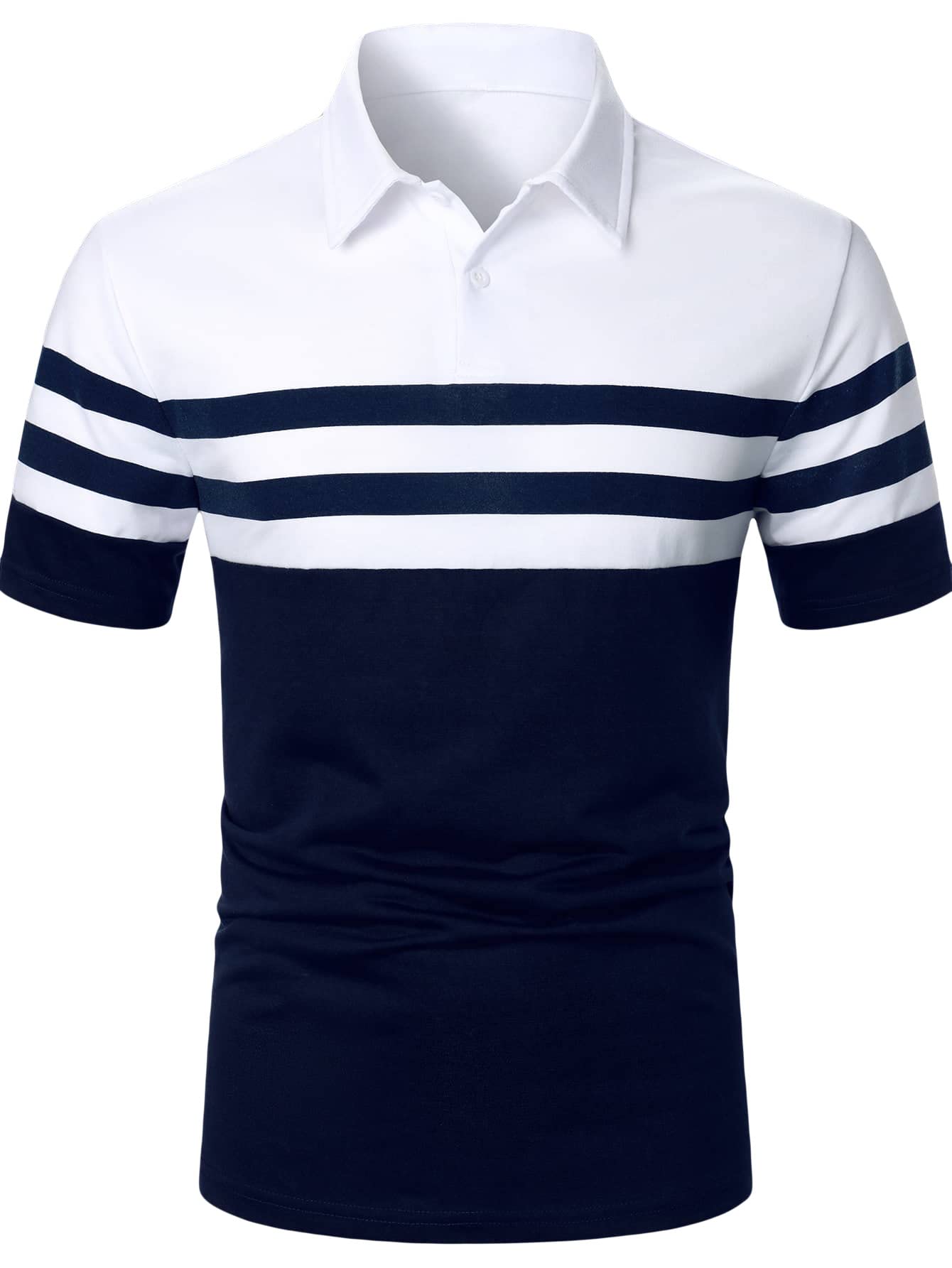 GORGLITTER Men's Color Block Striped Short Sleeve Polo Shirt Blue and White Large