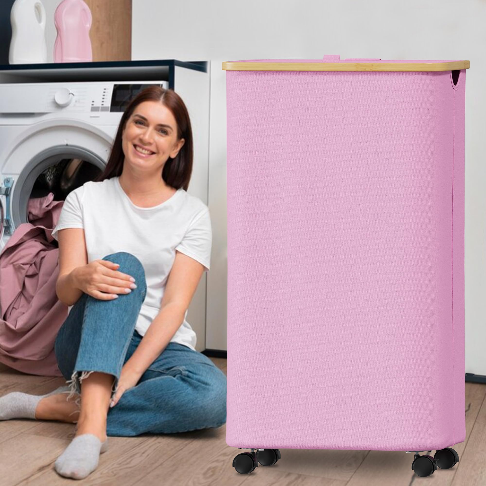 SUOCO Laundry Hamper with Wheels and Lid, 26 Gal (100L) Clothes Basket with Bamboo Handles, Large Foldable Laundry Hamper for Bedroom, Bathroom, Dorm, Laundry Room - Pink