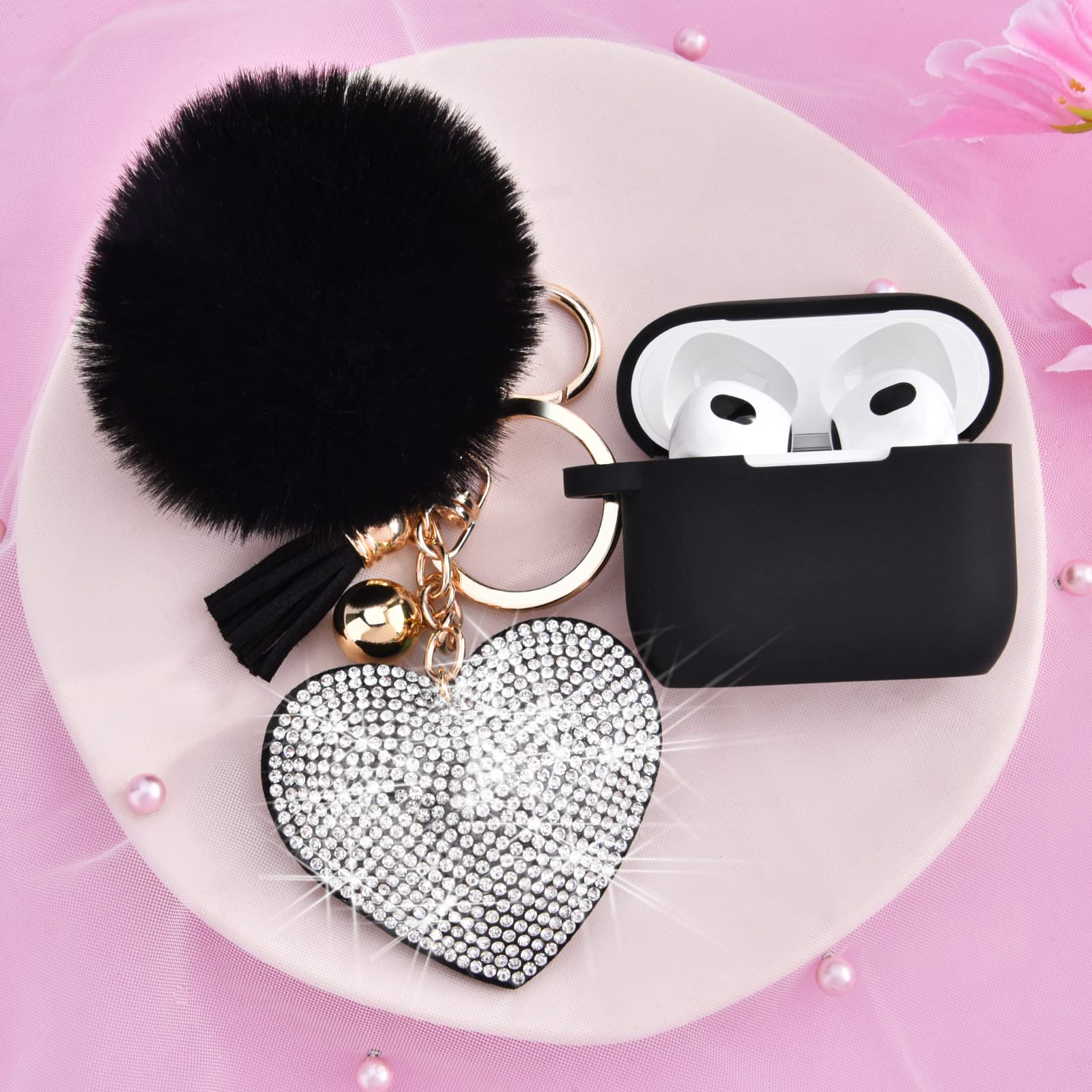 VISOOM Cute Airpods Case for Apple Airpods 3rd Generation Case Cover Women Bling Airpods Case 3rd Generation Airpods Case Pink with KeyChian Glitter Case for airpods 3 Case iPod 3rd Generation(Black)