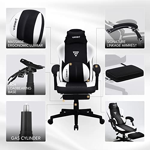 Vigosit Gaming Chair with Footrest, Fabric Gamer Chair with Lumbar Support Pillow, Computer Game Chairs for Adults, Big and Tall Office Chair Gaming 300LBS (Black White)