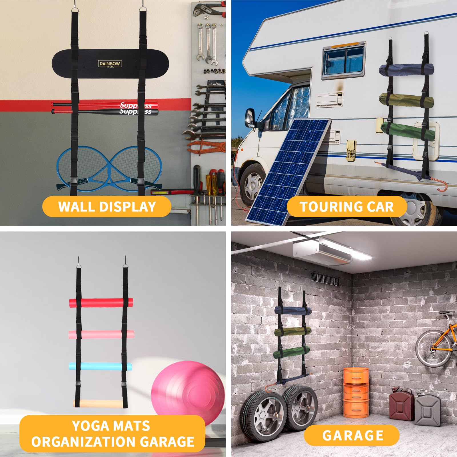 Panumly Camping Chair Wall Storage for Garage, Adjustable Garage Wall Organizer Straps with Flexible Release Buckles, Hanging Garage Organization for Beach Chairs, Umbrellas, 4 Storage Holds