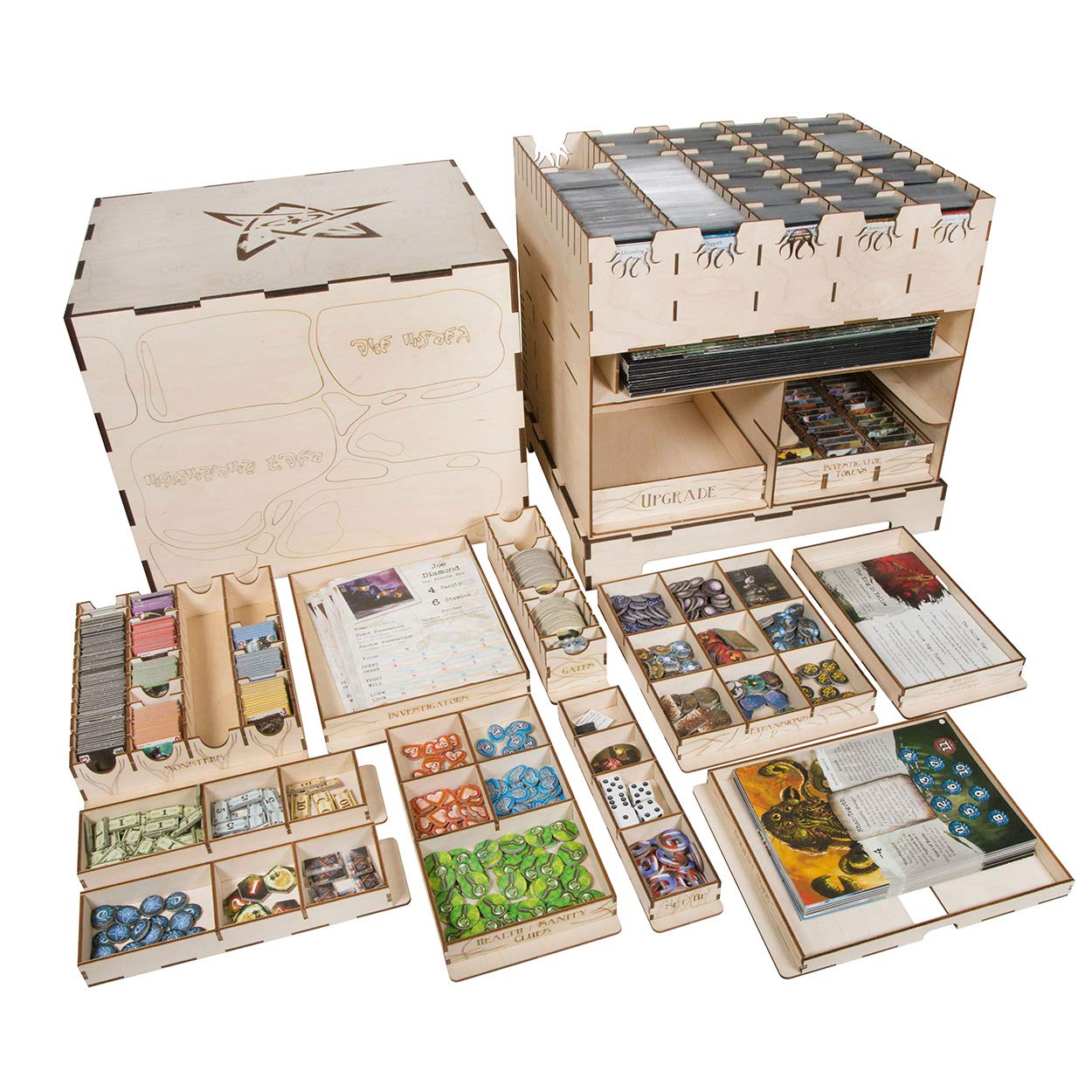 The Broken Token Arkham Horror 2nd Edition Compatible Game Crate - Wooden Storage Box with Multiple Trays and Dividers