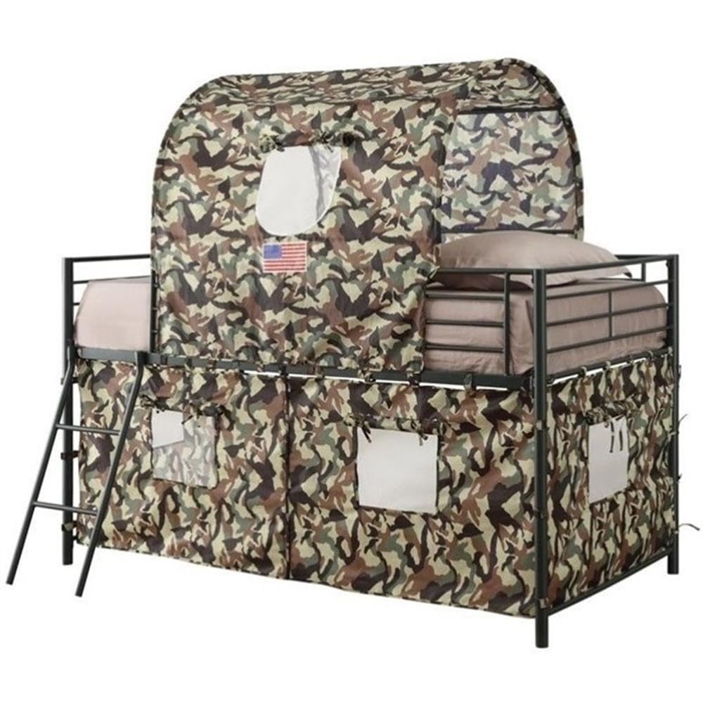 Roseberry Kids Modern Metal Camouflage Loft Bed with Tent Cover in Army Green