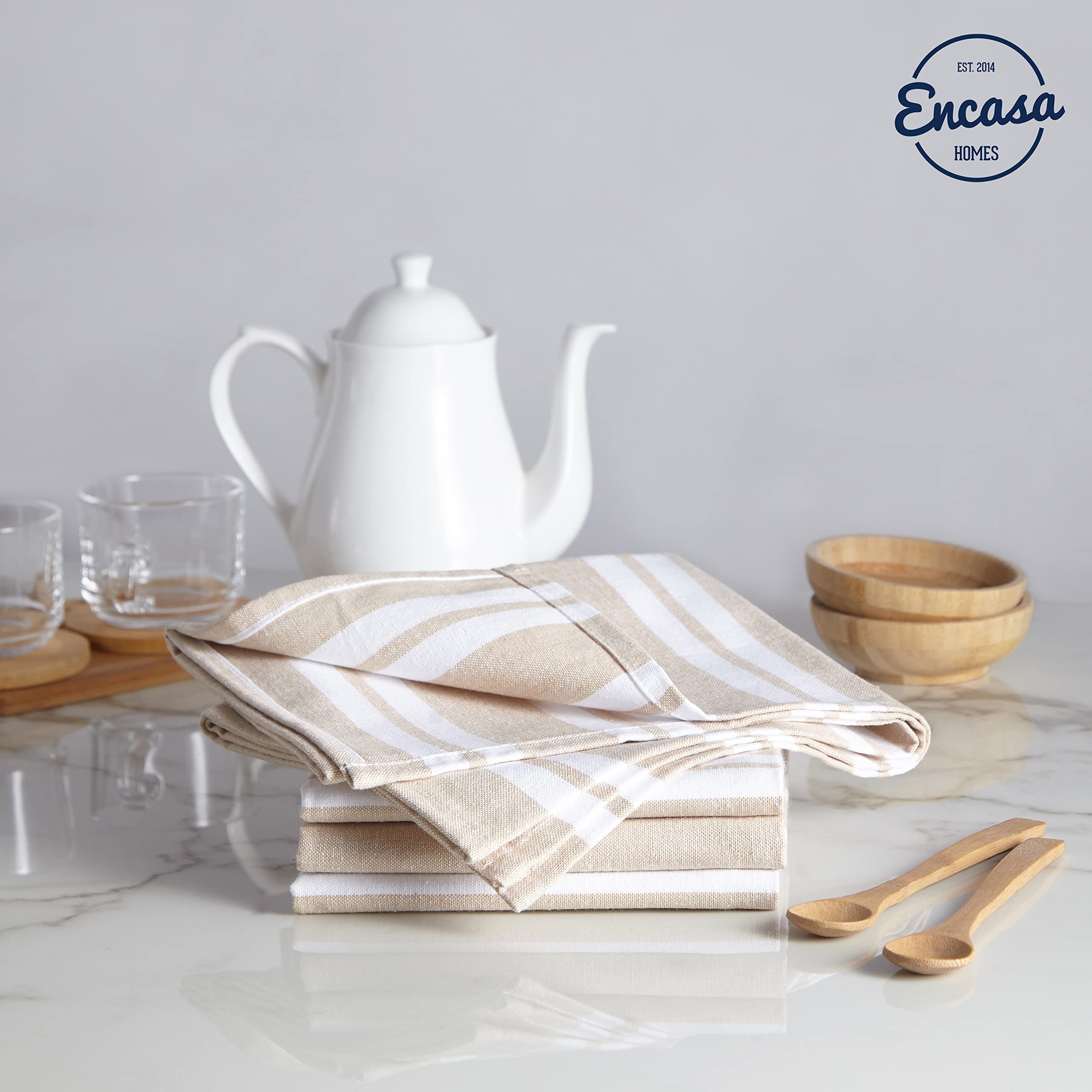 Encasa Homes Anti-Odour Kitchen Dish Towels, 18 x 28 inch (4 Pc Set) Highly Absorbent, Tea Towels for Cleaning & Quick Drying, Eco-Friendly Cotton Franca Beige Stripes