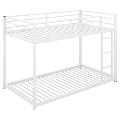 ZJIAH Metal Bunk Bed Twin Over Twin, Low Bunk Bed Frame with Ladder & Guardrail for Teens Adults Dormitory Bedroom, Heavy Duty Metal Bed Frame, Easy Assembly, No Box Spring Required, White