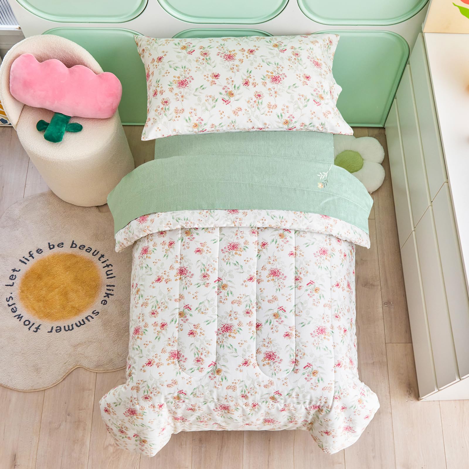 Joyreap 4 Piece Cotton Toddler Bedding Set for Girls, Pink Flowers on White Design, Soft Breathable Cotton Toddler Comforter Set, Includes Quilted Comforter, Fitted Sheet, Top Sheet, and Pillow Case