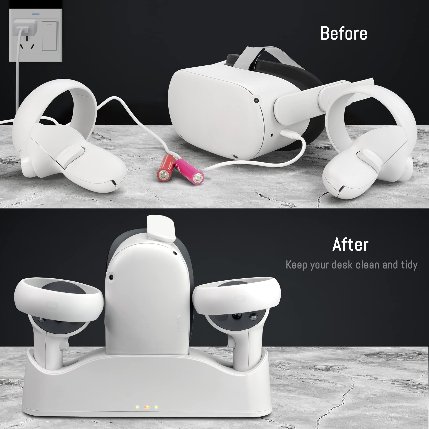 Gorliskl Charging Dock for Oculus Quest 2,with USB-C Charge Cable,2 Rechargeable Batteries,VR Accessories Charging Station Stand Set,Support Magnetic Dual Controller Charging and Headset