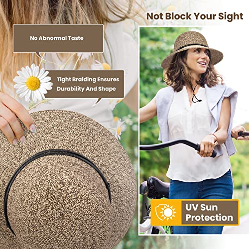 Simplicity Womens Beach Hat, Wide Brim Lightweight Straw Cute Sun Hat with Chin Strap Roll Up Sun Visor, Coffee/Brown