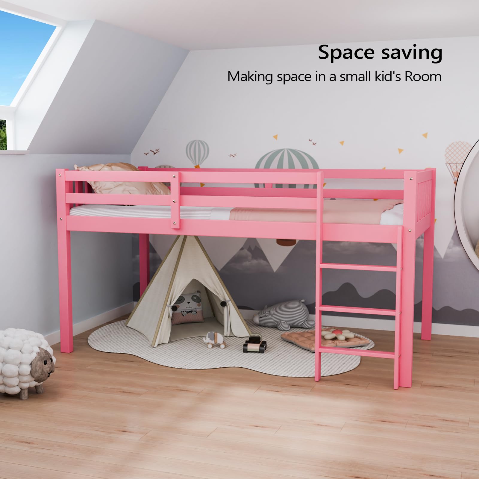 JOYMOR Low Loft Bed Twin Size with Stairs, Wooden Toddler Loft Bed for Kids, Junior,Young Teens,Pine Wood Twin Bed Frame, Space-Saving Design, No Box Spring Needed, Pink