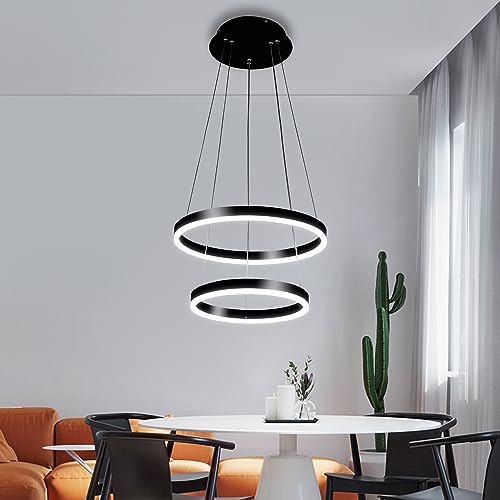 Viruhaka Dimmable LED Pendant Light Dining Room 50W LED Modern Chandelier Black Living Room 2 Ring Pendant Lighting Entryway with 59in Cord Adjustable,6000K Daylight