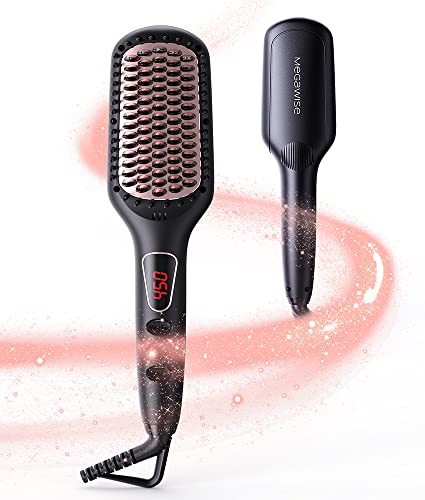 MEGAWISE Pro Ceramic Ionic Hair Straightener Brush for Home Salon, Straightening Hair Brush with 20s Heating Tech, Auto-Off, Anti-Scald with Universal Dual Voltage,Rotatable Power Cord, Black